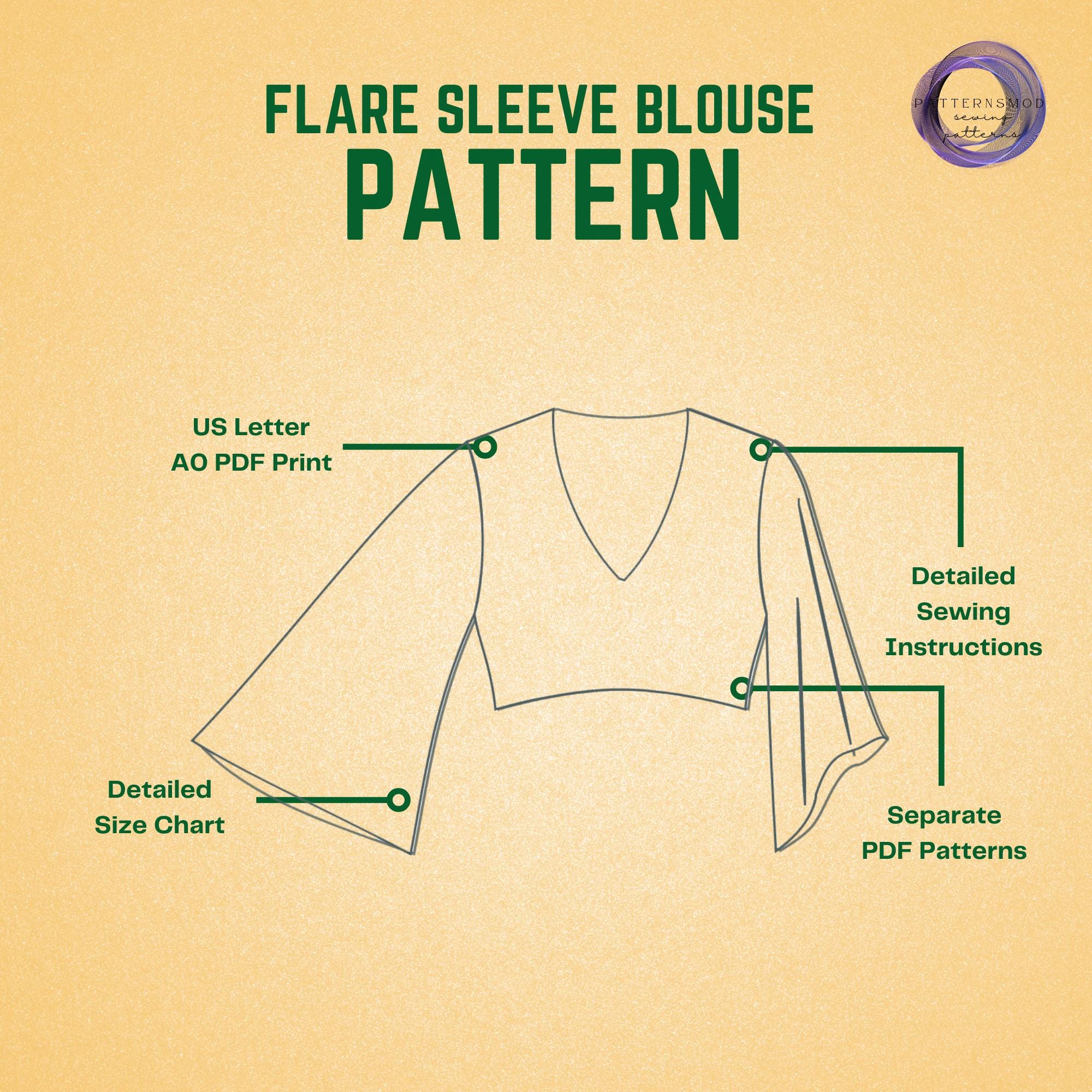 Bell Sleeve Linen Crop Top Sewing Pattern, V Neck Women Blouse PDF ...