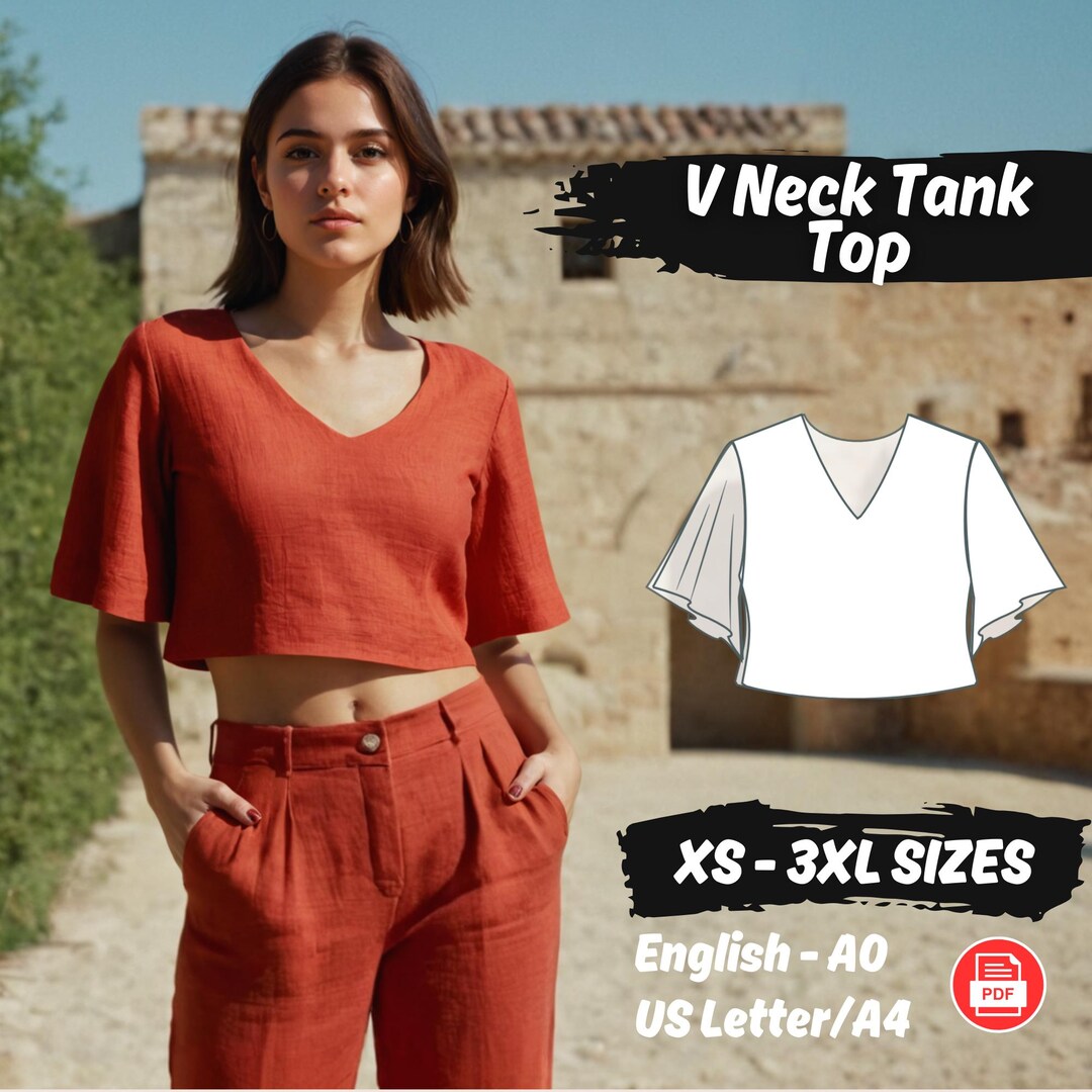 Linen Tank Top Sewing Pattern, Flare Sleeve Cropped Shirt, V Neck ...