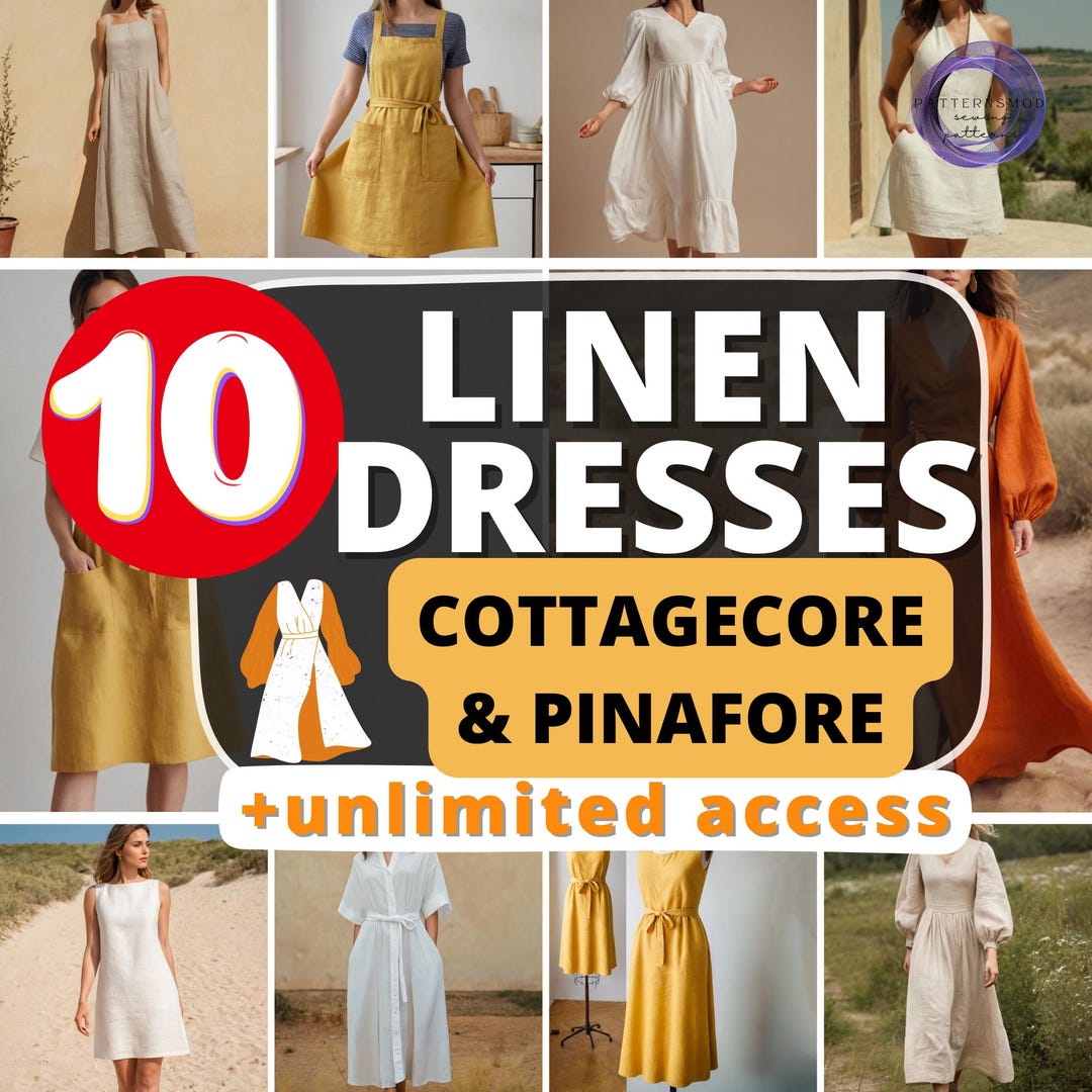 Women Linen Dress Sewing Pattern Bundle, Cottagecore Dress Pattern ...