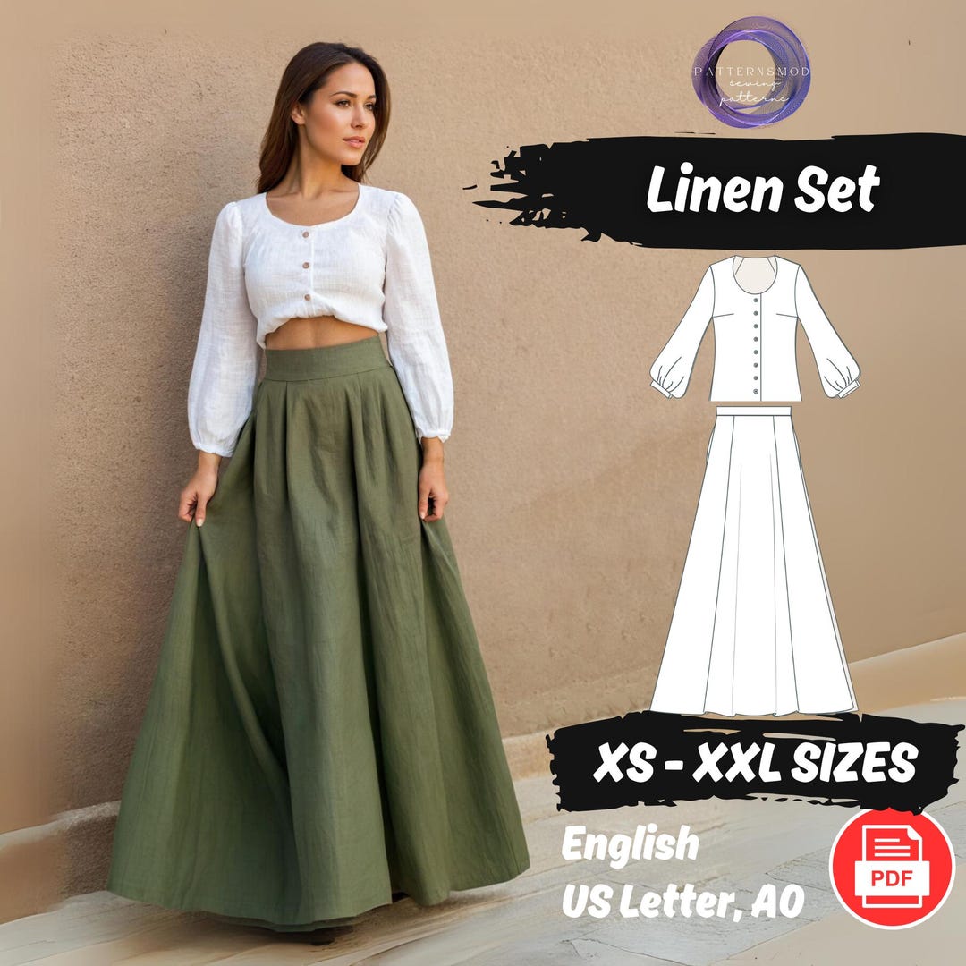 Linen Blouse & Maxi Skirt Sewing Pattern Set, Beginner Frienldy PDF ...