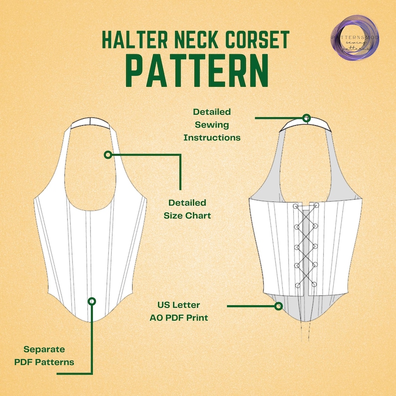 Halter Neck Corset Sewing Pattern, Back Lace Overbust Bustier XS-XXXL ...