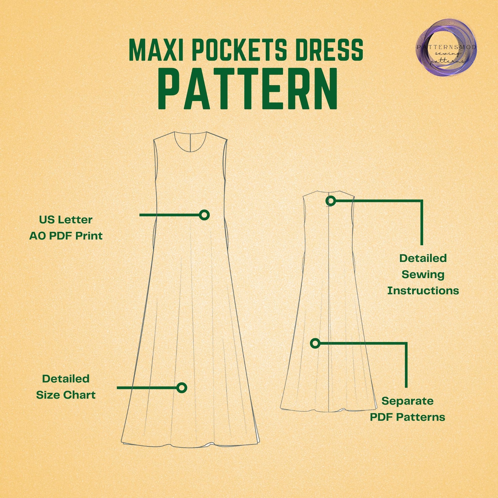 Long Maxi Pocketed Dress PDF Sewing Pattern, Sleeveless Casual Outfit ...