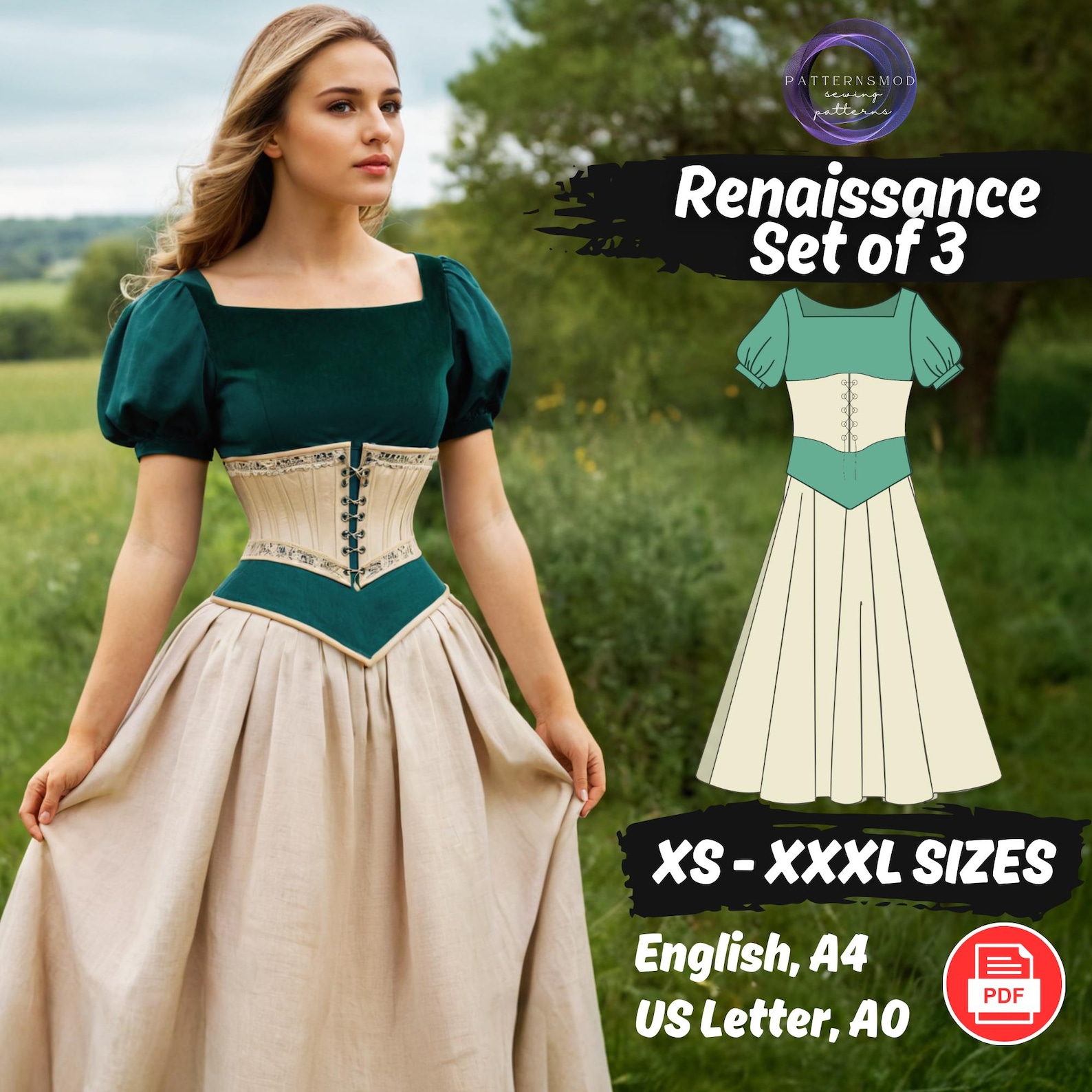 Renaissance Skirt Corset Shirt Sewing Pattern Set, Medieval Outfit ...