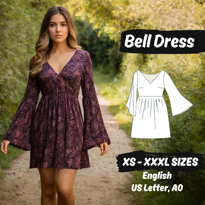 Bell Sleeve Mini Dress Sewing Pattern, A-line V-neck Long Tunic PDF ...