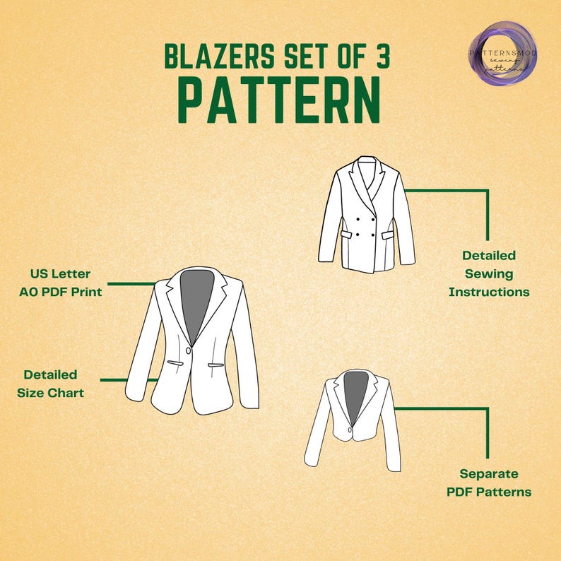 Women Blazer Sewing Pattern Set of 3 Classic Cropped Jacket Tutorial XS ...