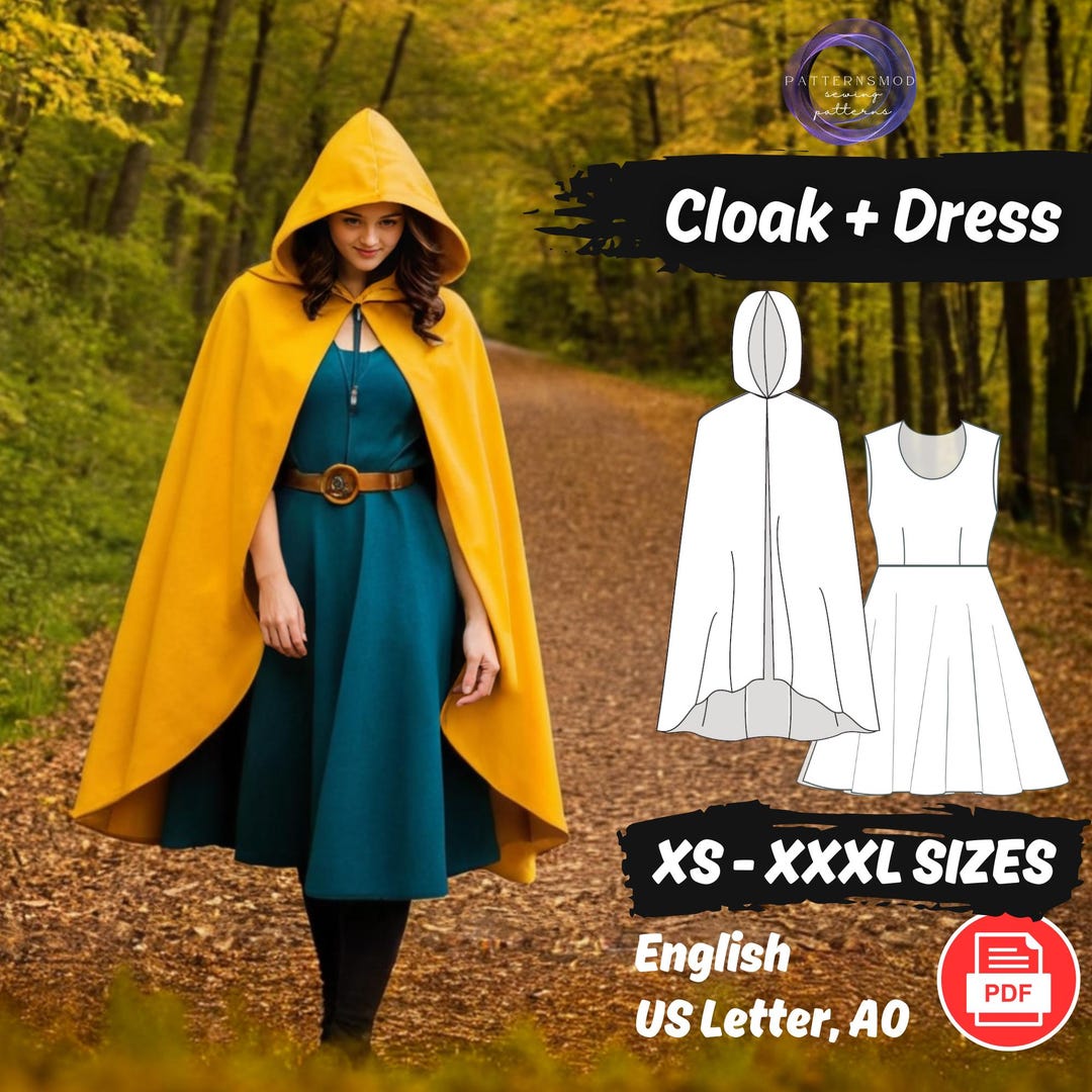Cosplay Hooded Cloak With Dress Sewing Project Medieval Costume Cape ...