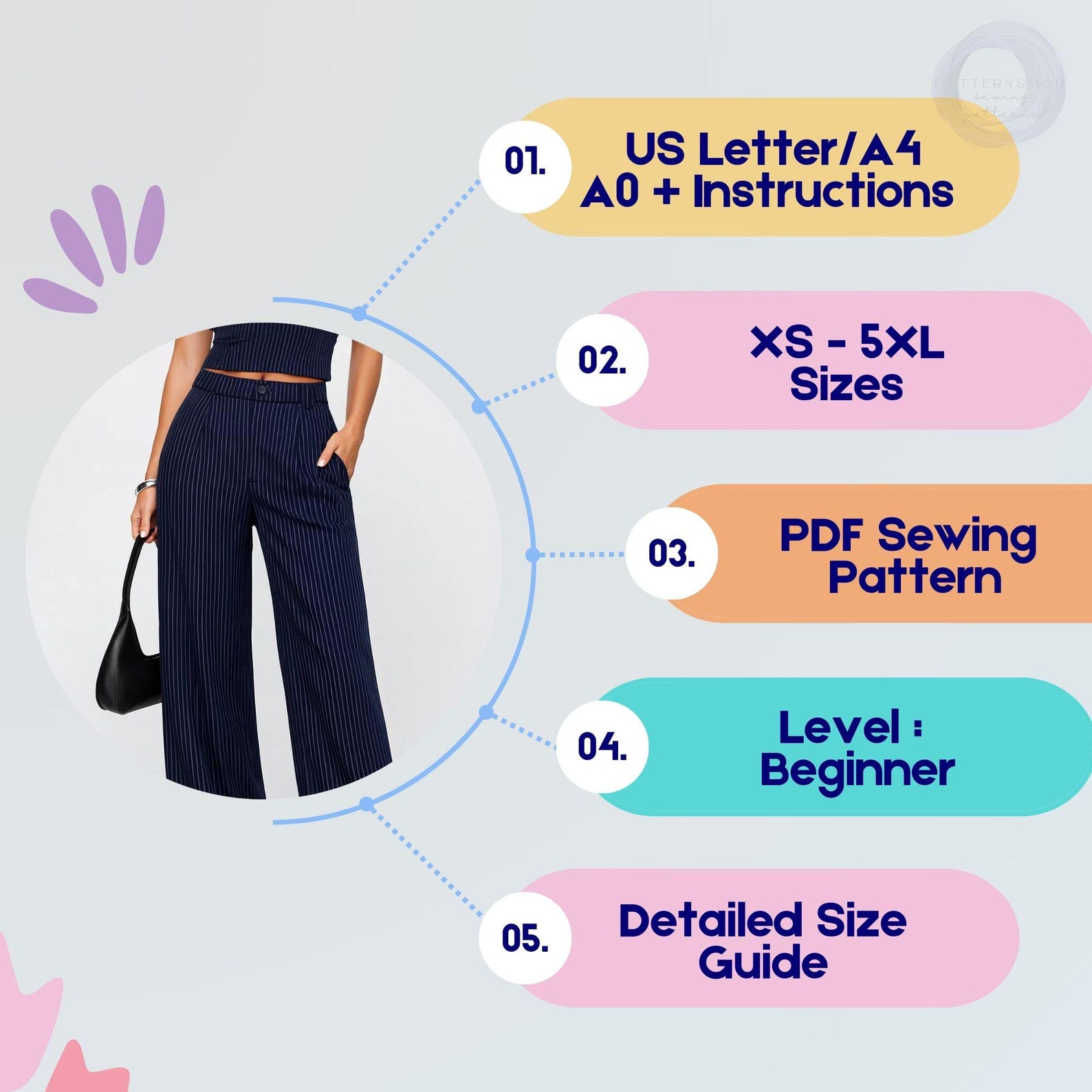 Women Palazzo Pants Sewing Pattern Wide Leg Trousers With Pockets XS ...