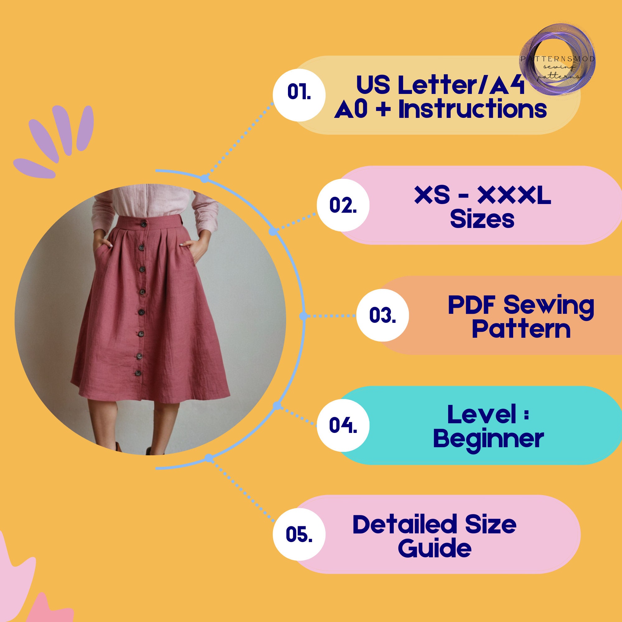 Button Skirt Pattern, Linen Pockets Skirt Pattern, Symmetrical Cottagecore Skirt Pattern, XS ...