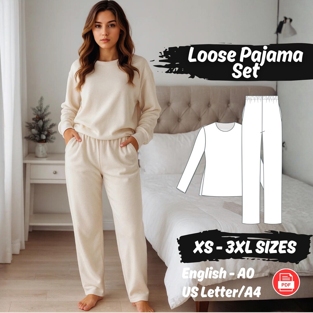 Pajama Set Sewing Patterns, Nightwear Pyjama Pants and Blouse PDF ...