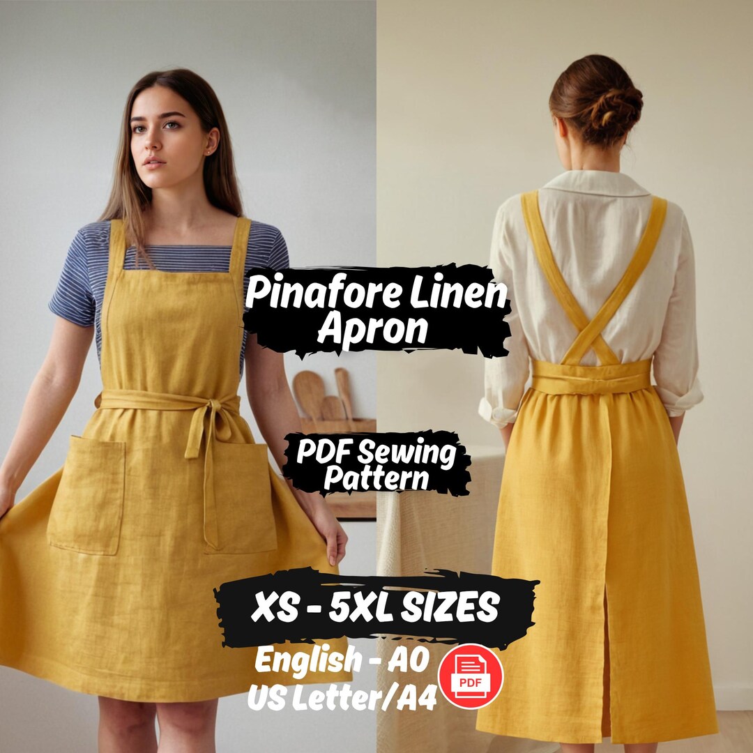 Women Linen Pinafore Apron Sewing Pattern Set, Cottagecore Lace Dress ...