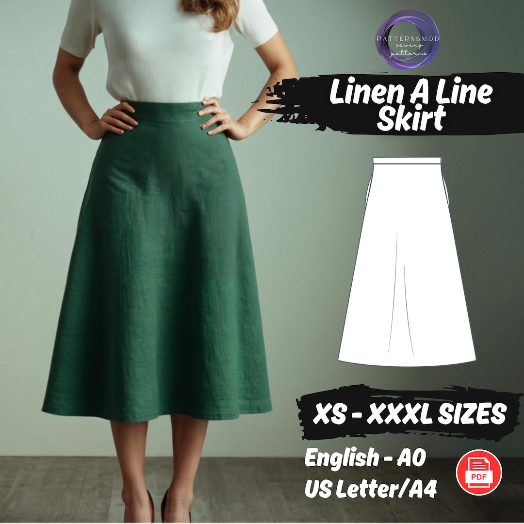 Women's Linen A-line Skirt Sewing Pattern, Midi Pockets Skirt Beginner ...