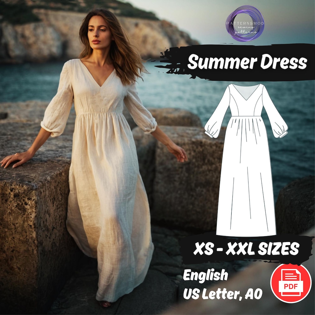Summer Linen Dress PDF Sewing Pattern Sea Puff Sleeve Dress Pattern V ...