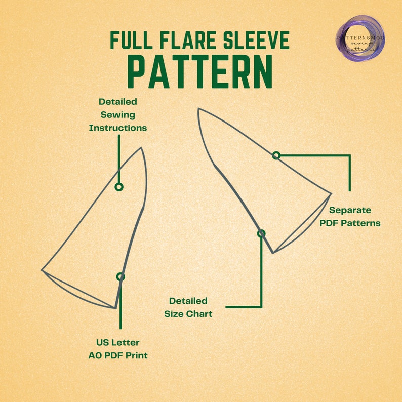 Flare Sleeve Sewing Pattern Full Length Angel Sleeve Pattern XS-XXXL ...