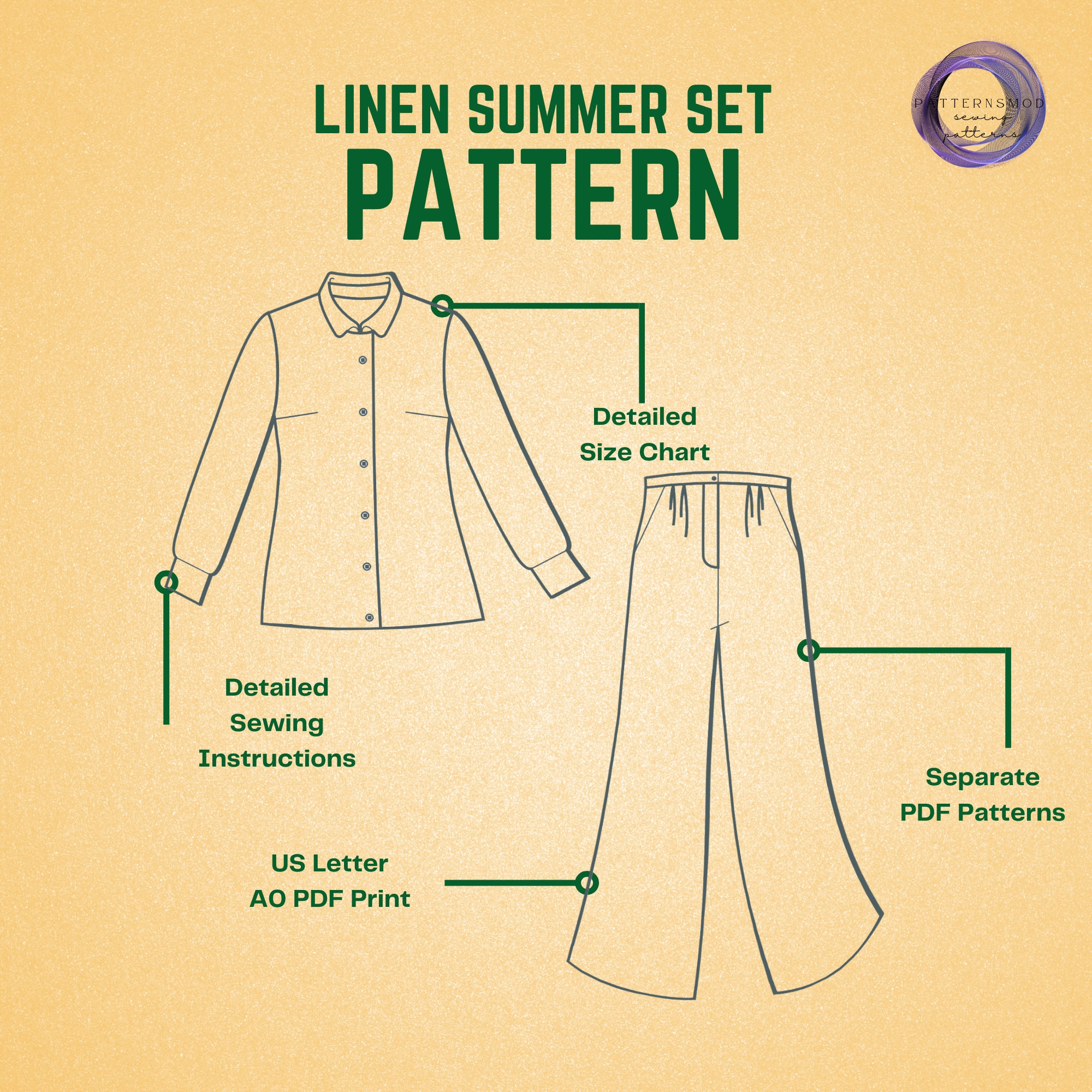 Pants + Blouse Sewing Pattern | Wide Leg Linen Trouser Pattern | Easy ...