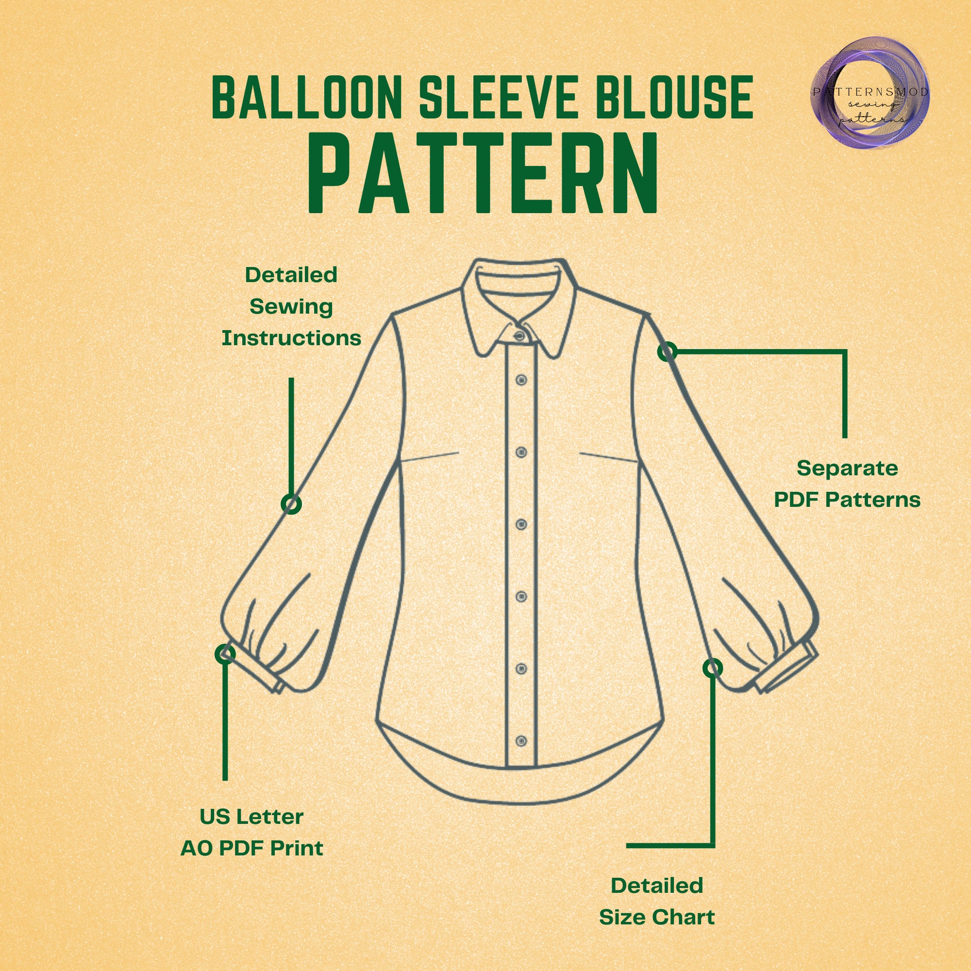 Bishop Sleeve Blouse Sewing Pattern, Round Collar T Shirt PDF Pattern ...