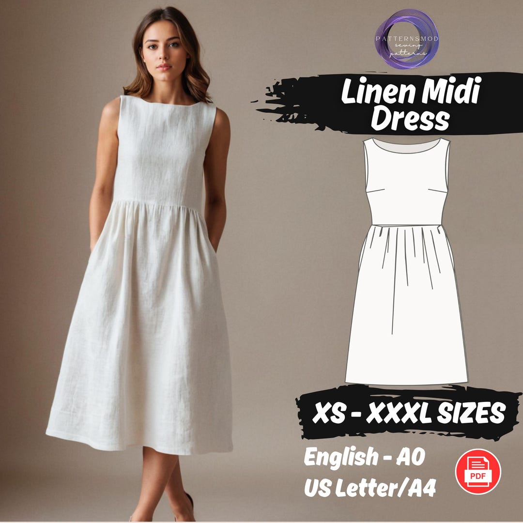Midi Linen Dress Sewing Pattern, Pockets Dress Pattern, Pinafore A Line ...