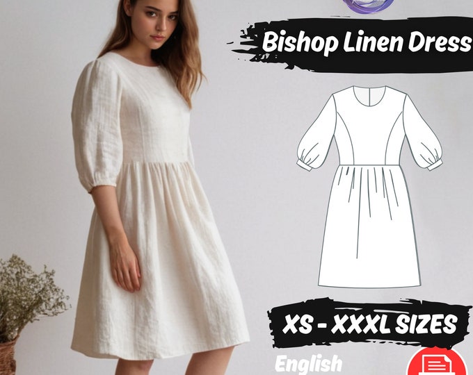 Gathered Linen Dress Pattern V Neck Bishop Sleeve Dress Pattern Tea ...