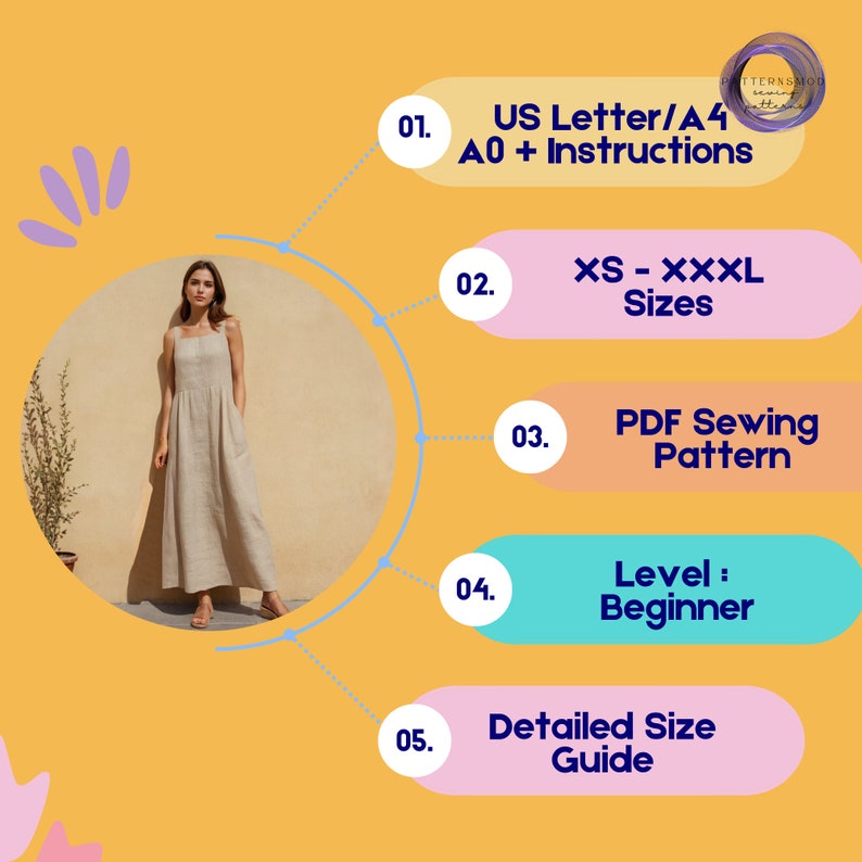 Maxi Linen Cottagecore Dress Sewing Pattern, Pockets Loose Dress ...