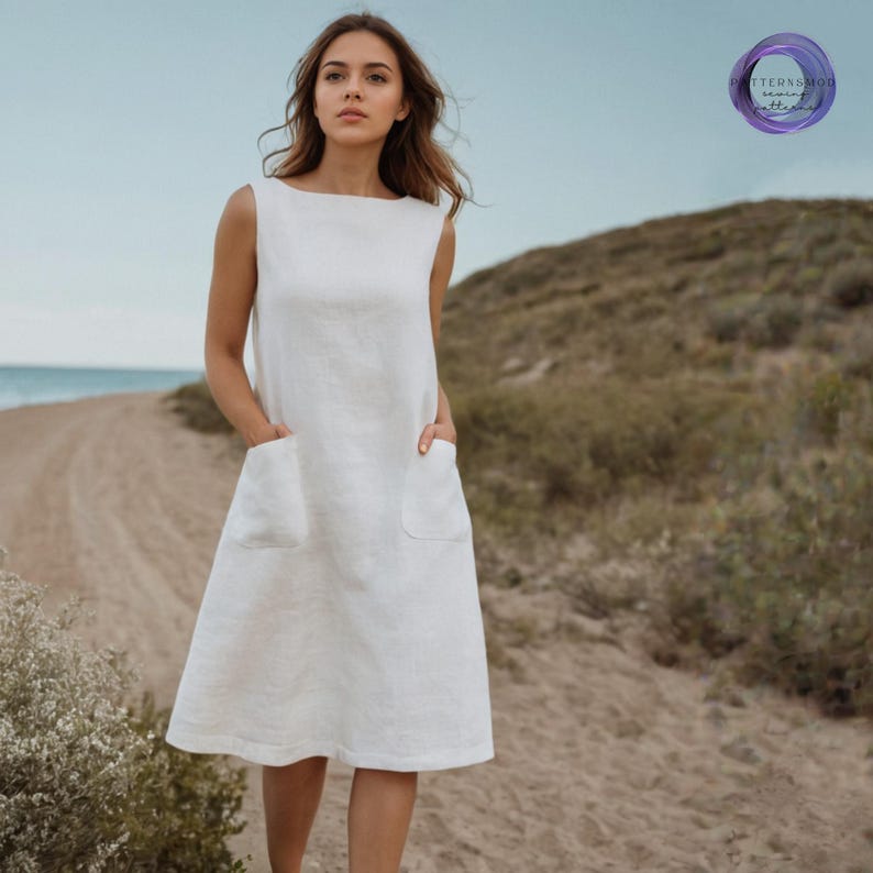 A Line Dress Sewing Pattern Pocketed Linen Dress Pattern, Sleeveless ...