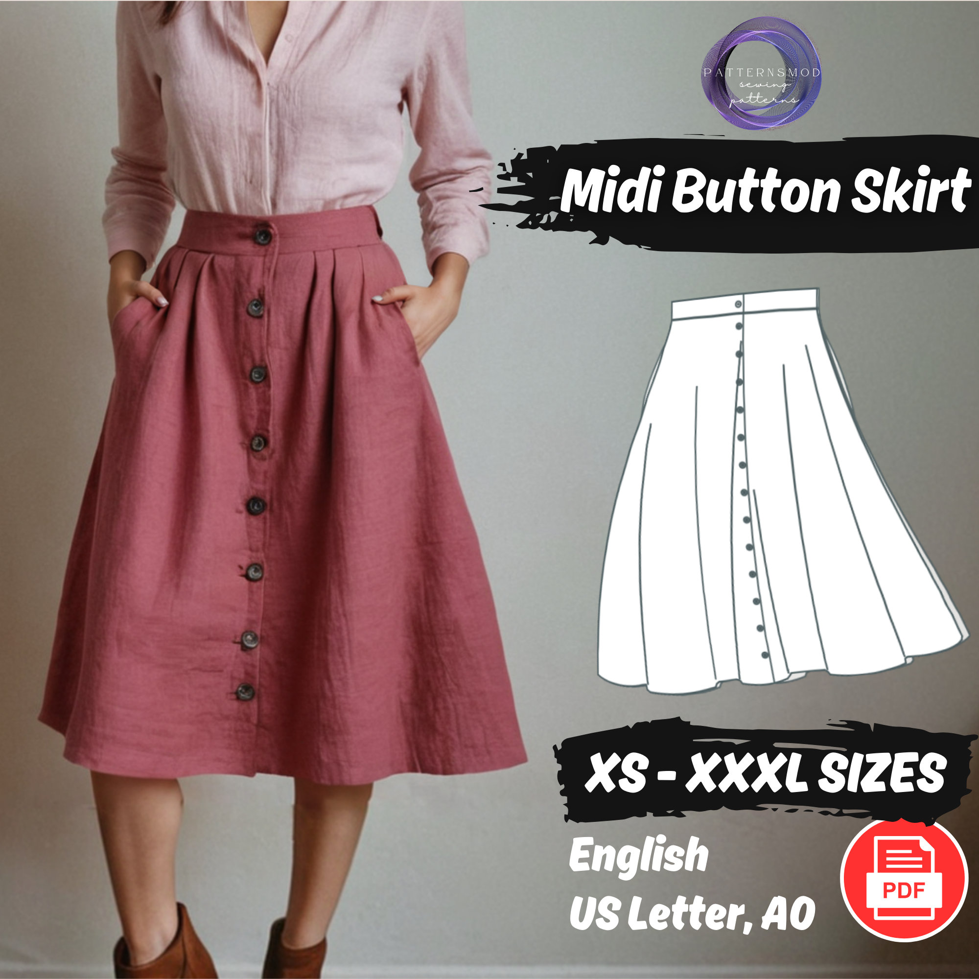 Button Skirt Pattern, Linen Pockets Skirt Pattern, Symmetrical Cottagecore Skirt Pattern, XS ...