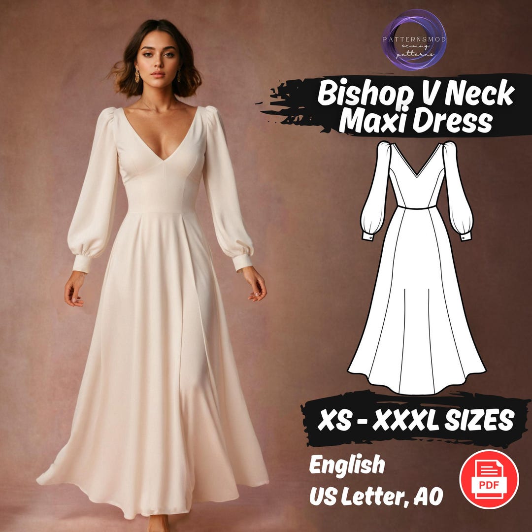 V Neck Bishop Sleeve Maxi Dress Sewing Pattern - Etsy