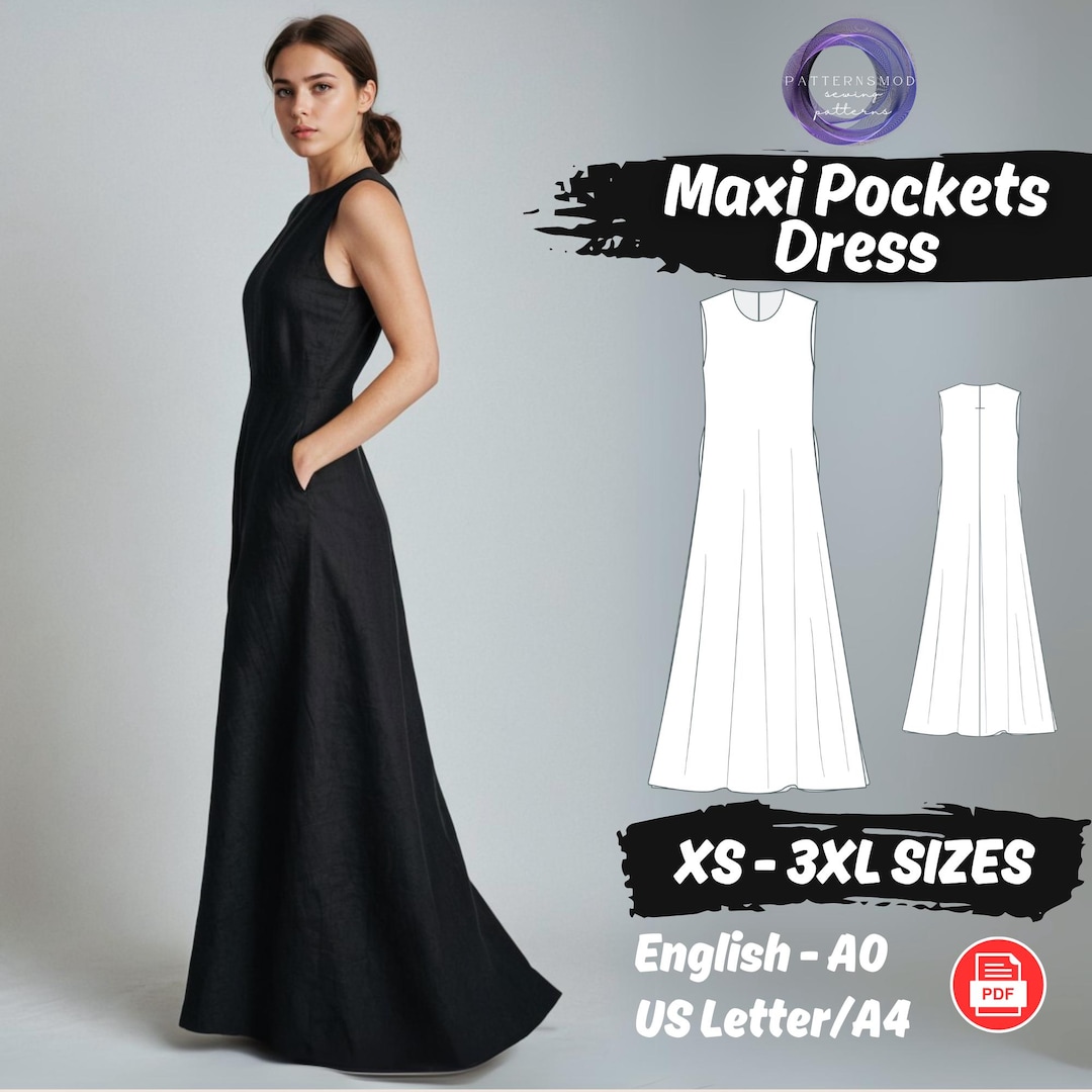 Long Maxi Pocketed Dress PDF Sewing Pattern, Sleeveless Casual Outfit ...