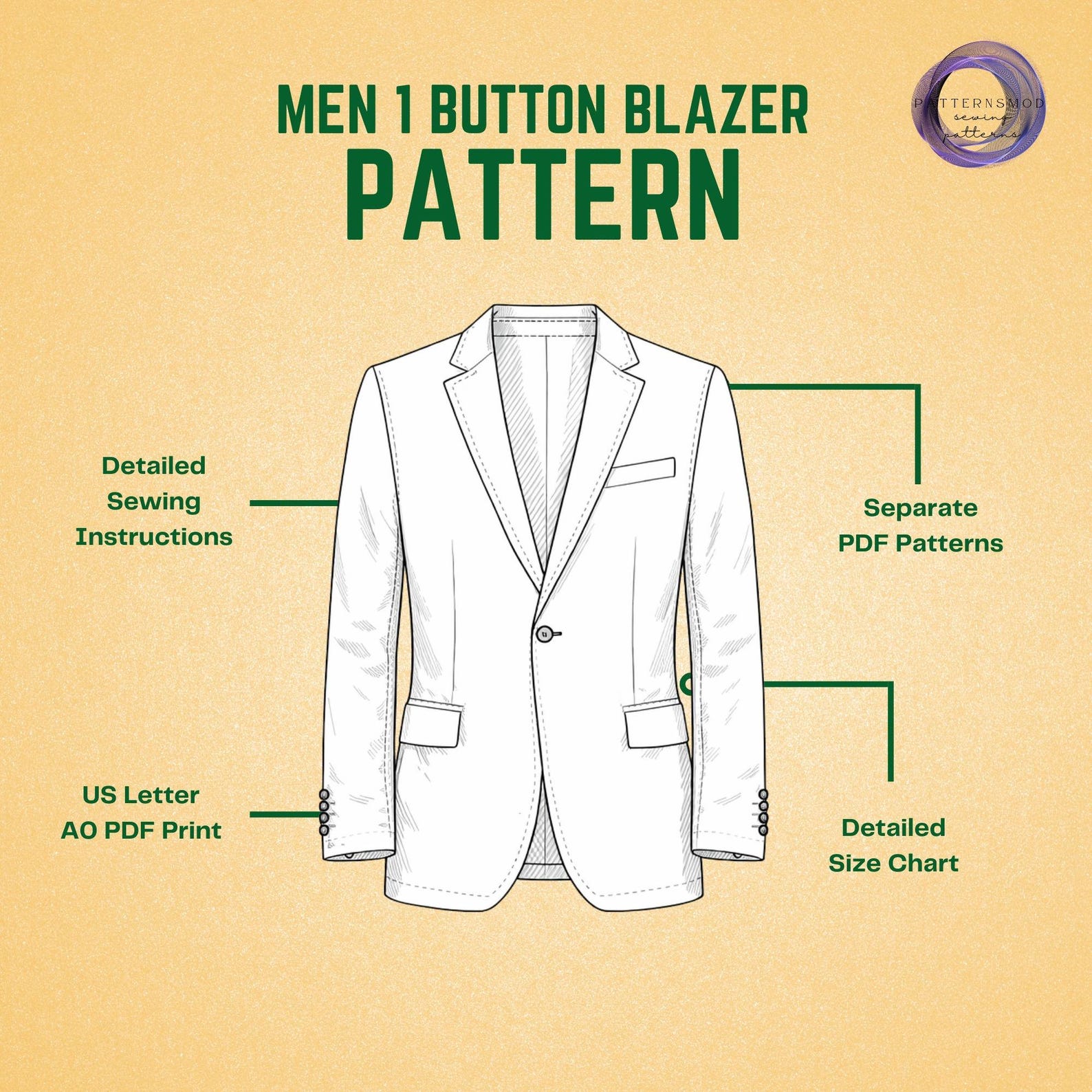 Men Blazer Sewing Pattern 1 Button Classic Coat Jacket Beginner ...