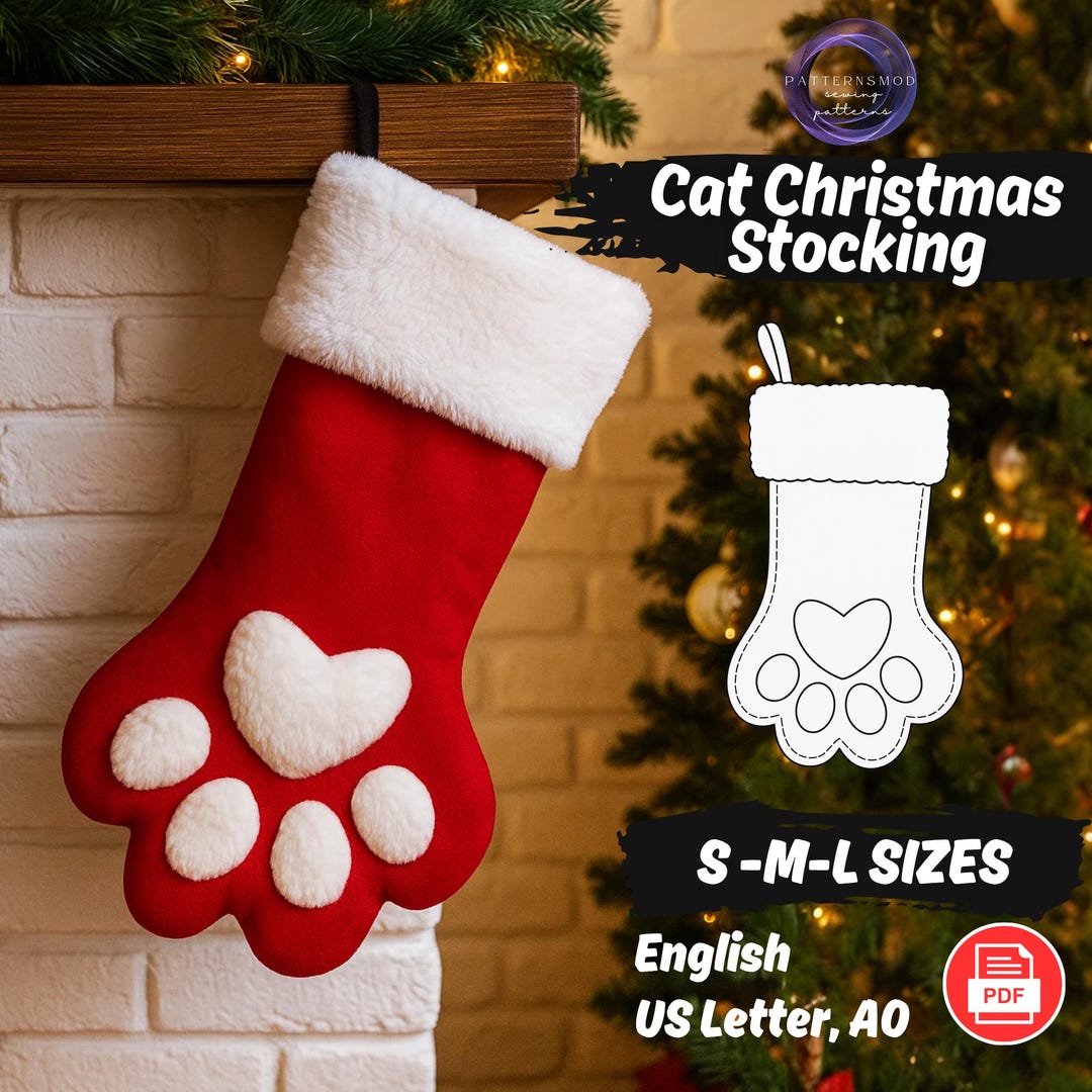 Animal Paw Christmas Stocking Sewing Pattern | DIY Cat, Dog Sock (PDF ...
