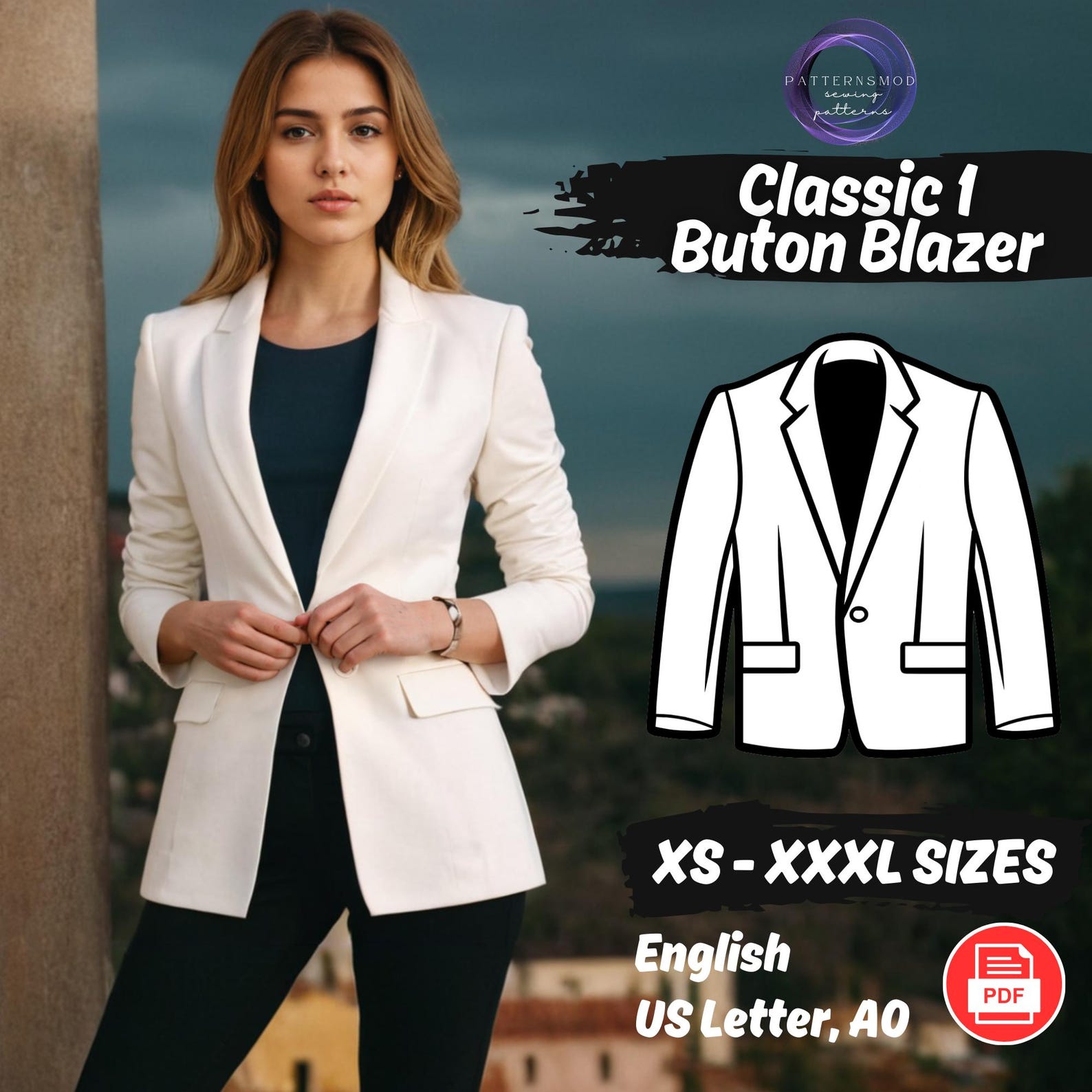 Women Blazer Sewing Pattern, Suit Classic Jacket, 1 Button Lined Coat ...