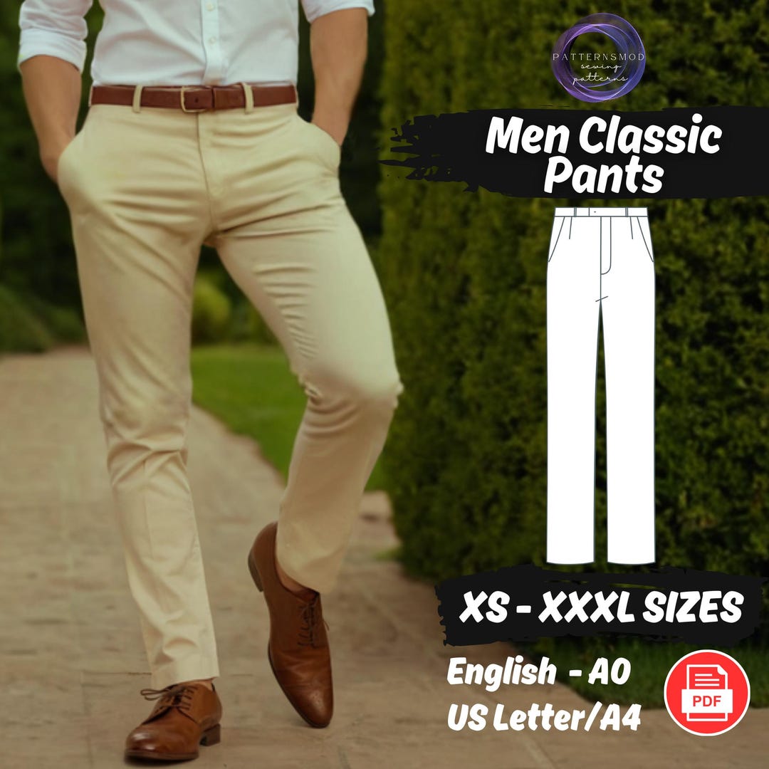 Classic Fit Men's Pants Sewing Pattern, Pockets Man Trousers Pattern ...