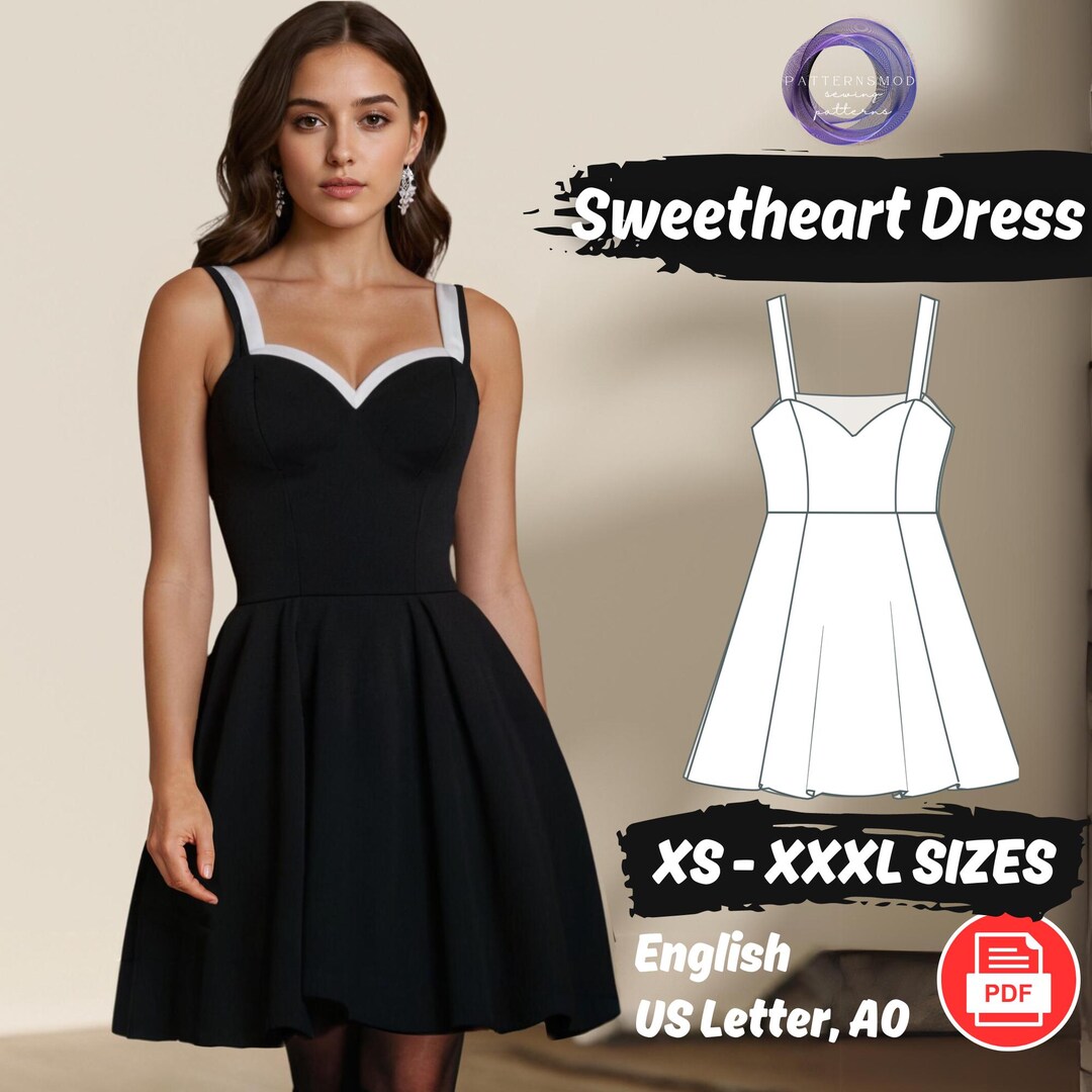 Heart Neckline Dress Sewing Pattern, Sweetheart Dress Pattern, Minimal ...