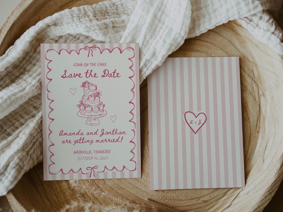 Hand-drawn-style Save the Date Template, Cake & Strawberry Pink Design ...