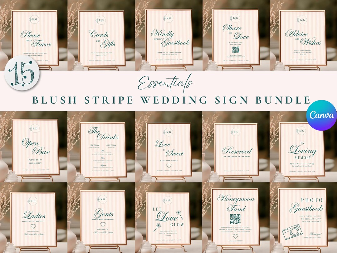 Blush Pink and Emerald Wedding Sign Bundle, Minimalist Editable ...
