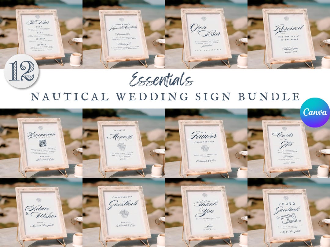 Seashell Serenade Wedding Sign Bundle, Nautical Wedding Signs, Navy ...