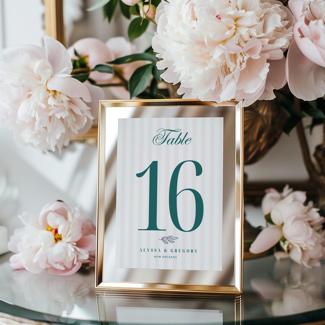 Blush Pink Stripe Wedding Table Numbers, Preppy, Emerald Green, Elegant ...
