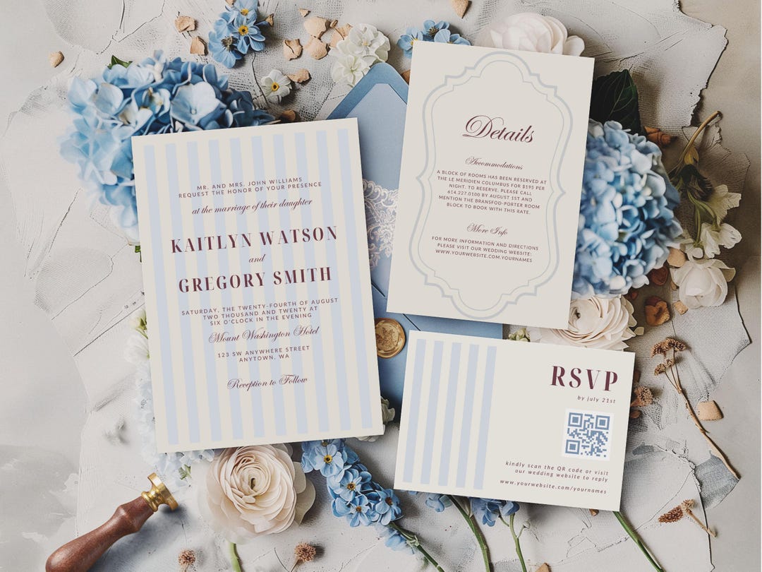 French Dusty Blue Striped Wedding Invitation Set, RSVP & Details Card ...