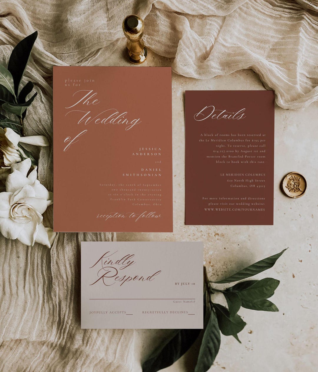 Burnt Orange Amber Wedding Invitation Suite | Elegant Minimalist Design With Floral Emblem, QR ...