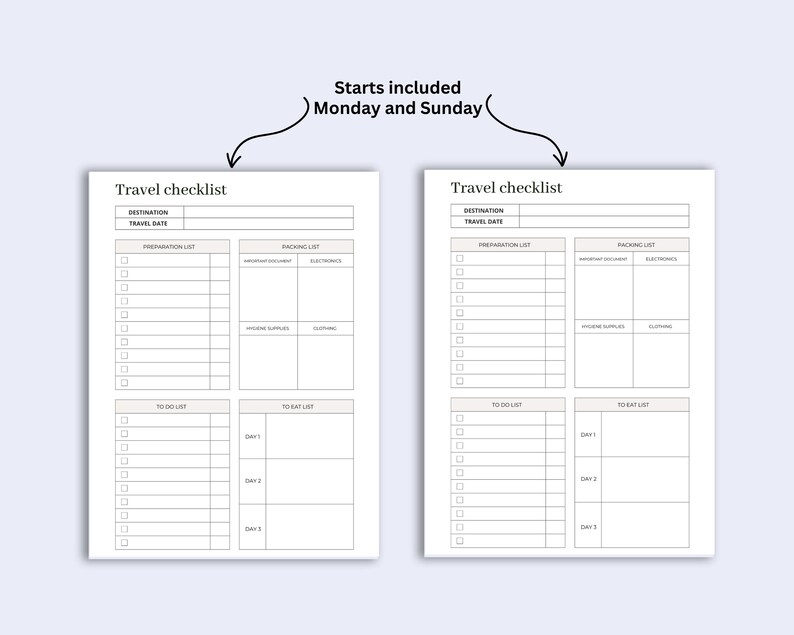 Travel Checklist Printable, Packing List Organizer, Vacation Planner ...