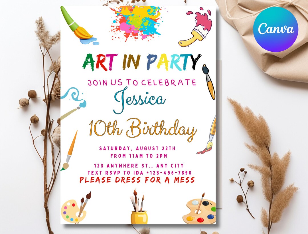 Art Birthday Party Invitation Painting Party Invite Canvas Craft Party ...