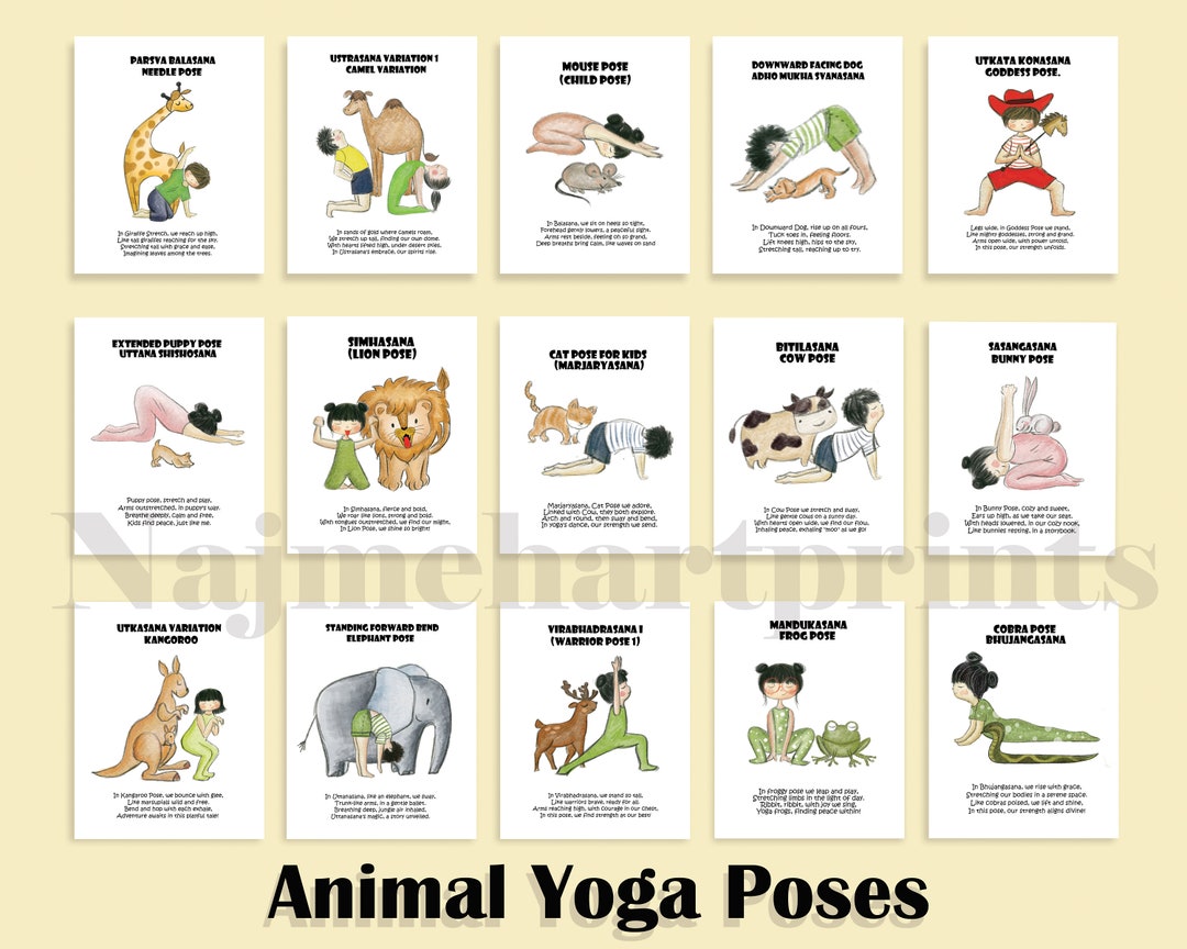 15 Animal Kids Yoga Cards, Children Pose, Flash Cards, Montessori ...