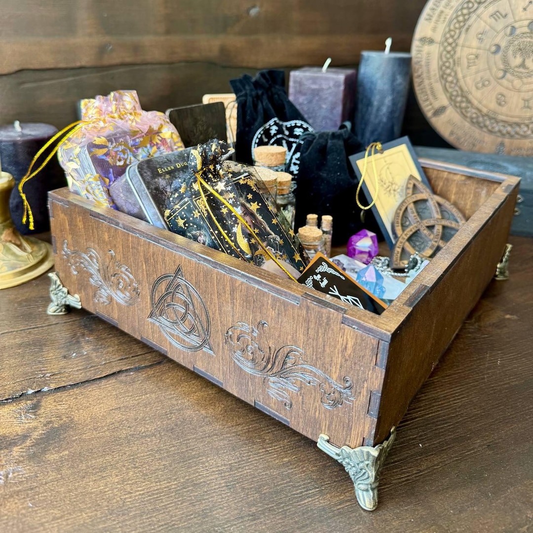 Witchcraft Storage Box With Feet – Wooden Altar Chest for Tarot ...
