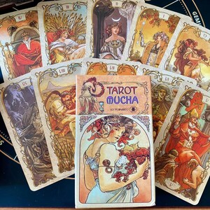 Tarot Mucha Cards Deck, Wooden Box for Tarot Cards, Spread Board, Tarot ...