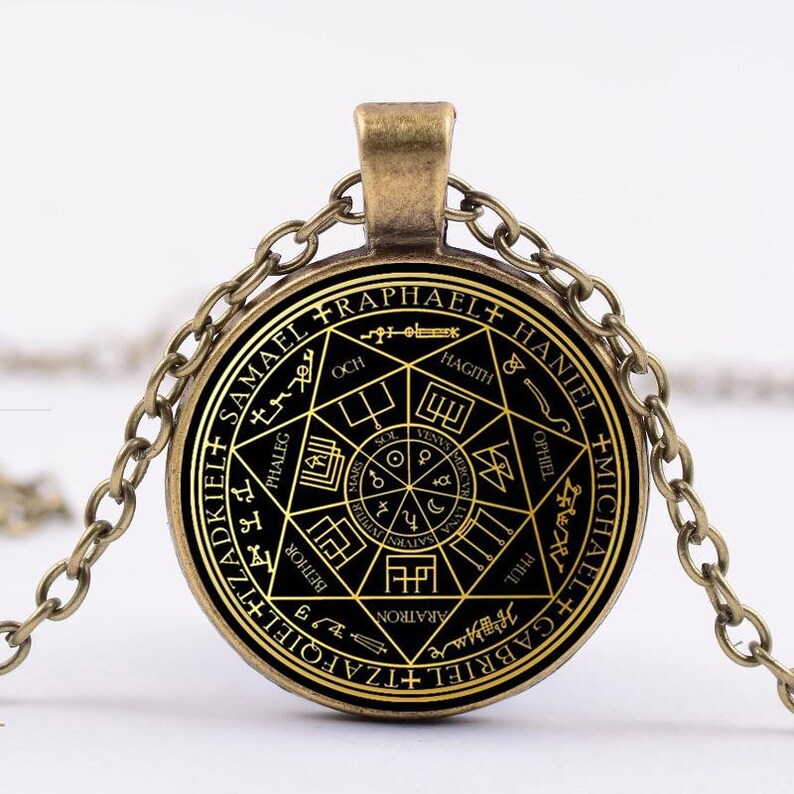 Seal of the 7 Archangels Amulet, Round Pendant Necklace With Chain ...
