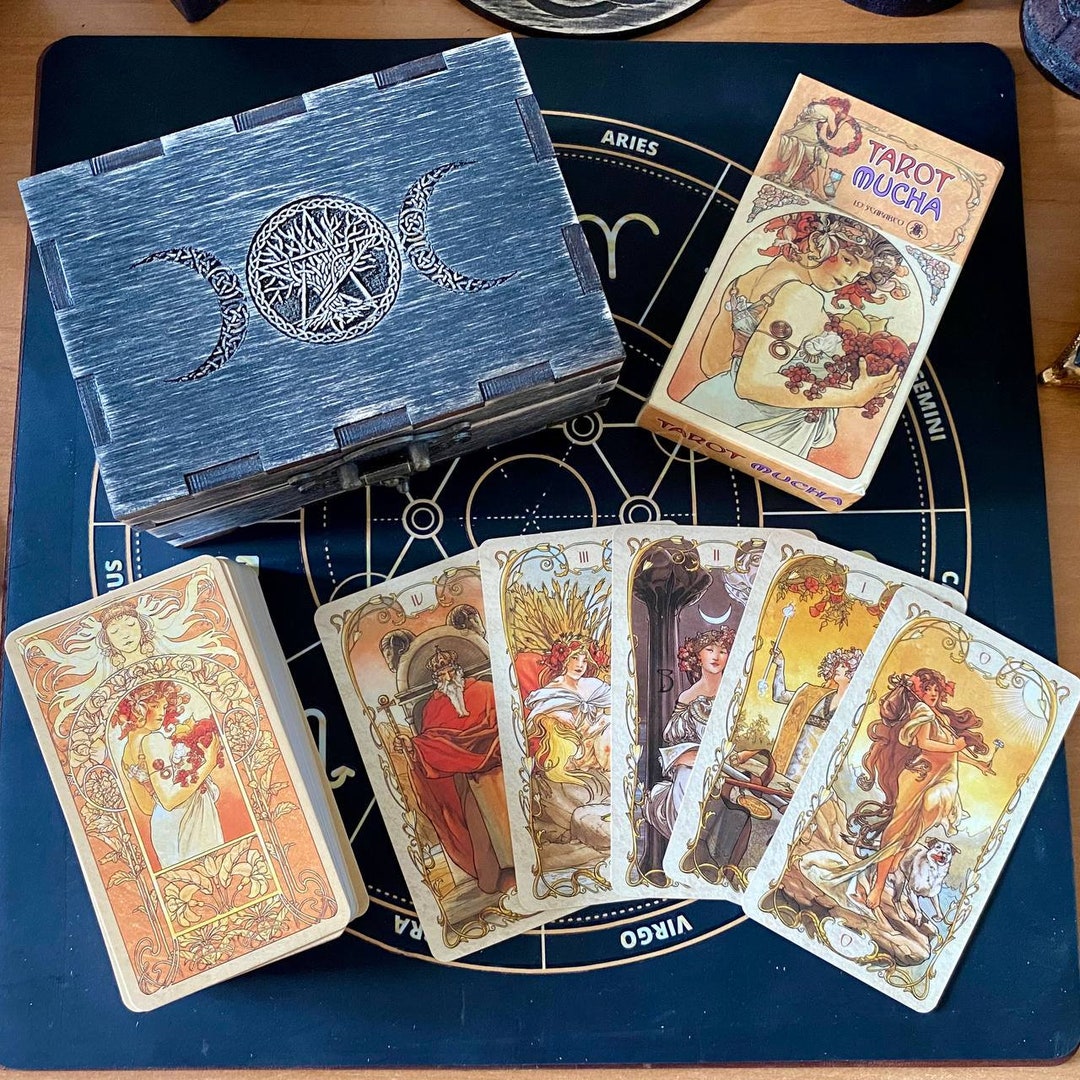 Tarot Mucha Cards Deck, Wooden Box for Tarot Cards, Spread Board, Tarot ...