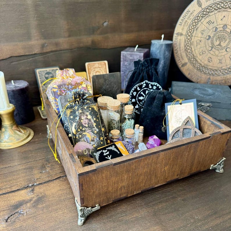 Witchcraft Storage Box With Feet – Wooden Altar Chest for Tarot ...