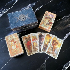Tarot Mucha Cards Deck, Wooden Box for Tarot Cards, Spread Board, Tarot ...