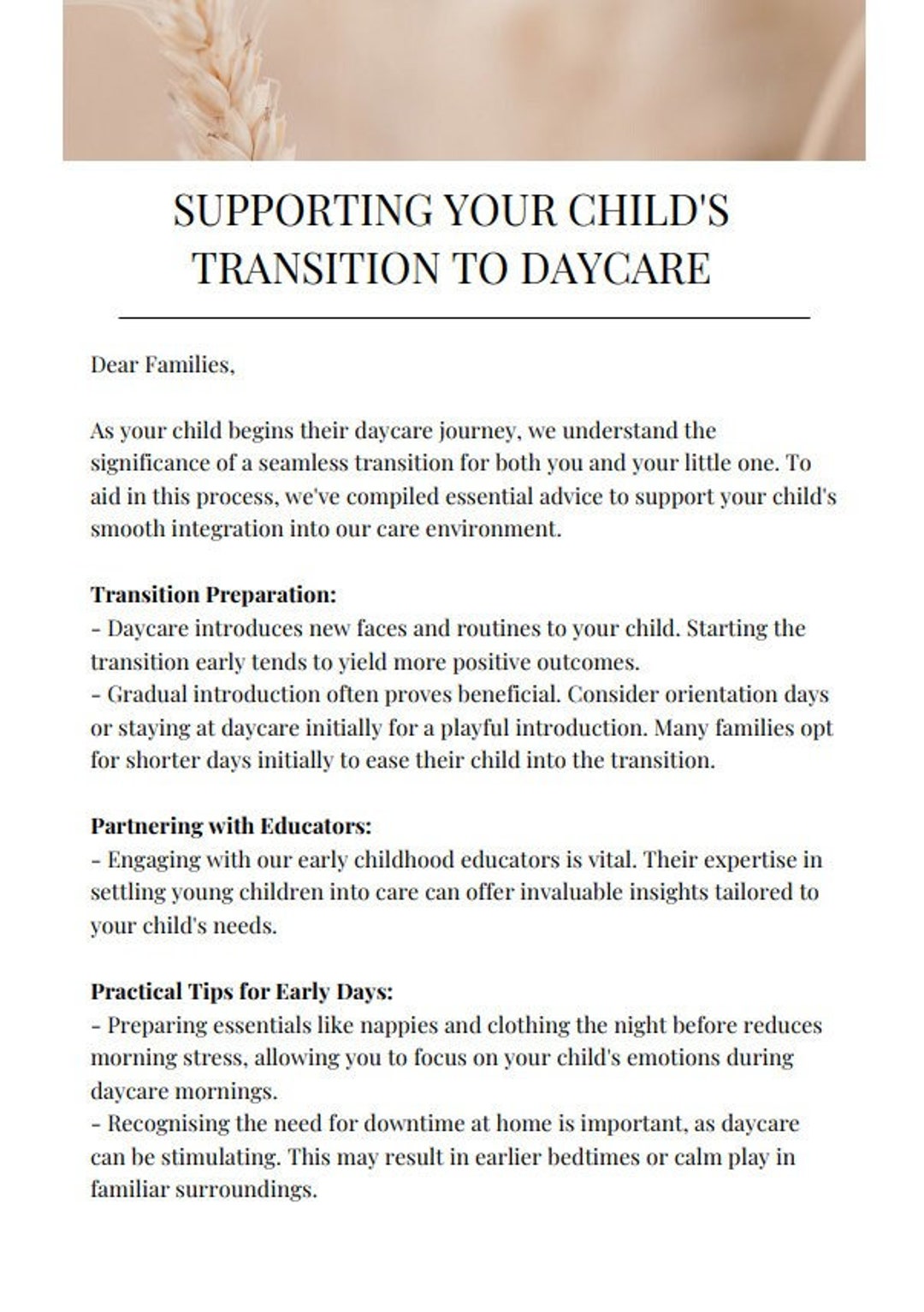 Letter for Families Transitioning From Home to the Care Environment - Etsy