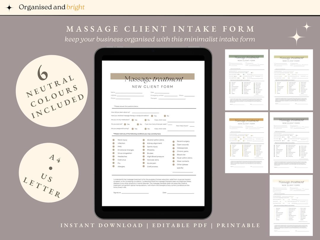 Massage Client Form, Client Intake Form, New Client Form, Printable ...