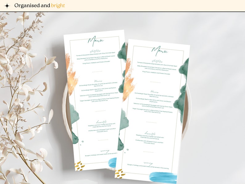 Watercolour Menu Template, Aqua Menu, Gold Menu, Garden Party Bridal ...