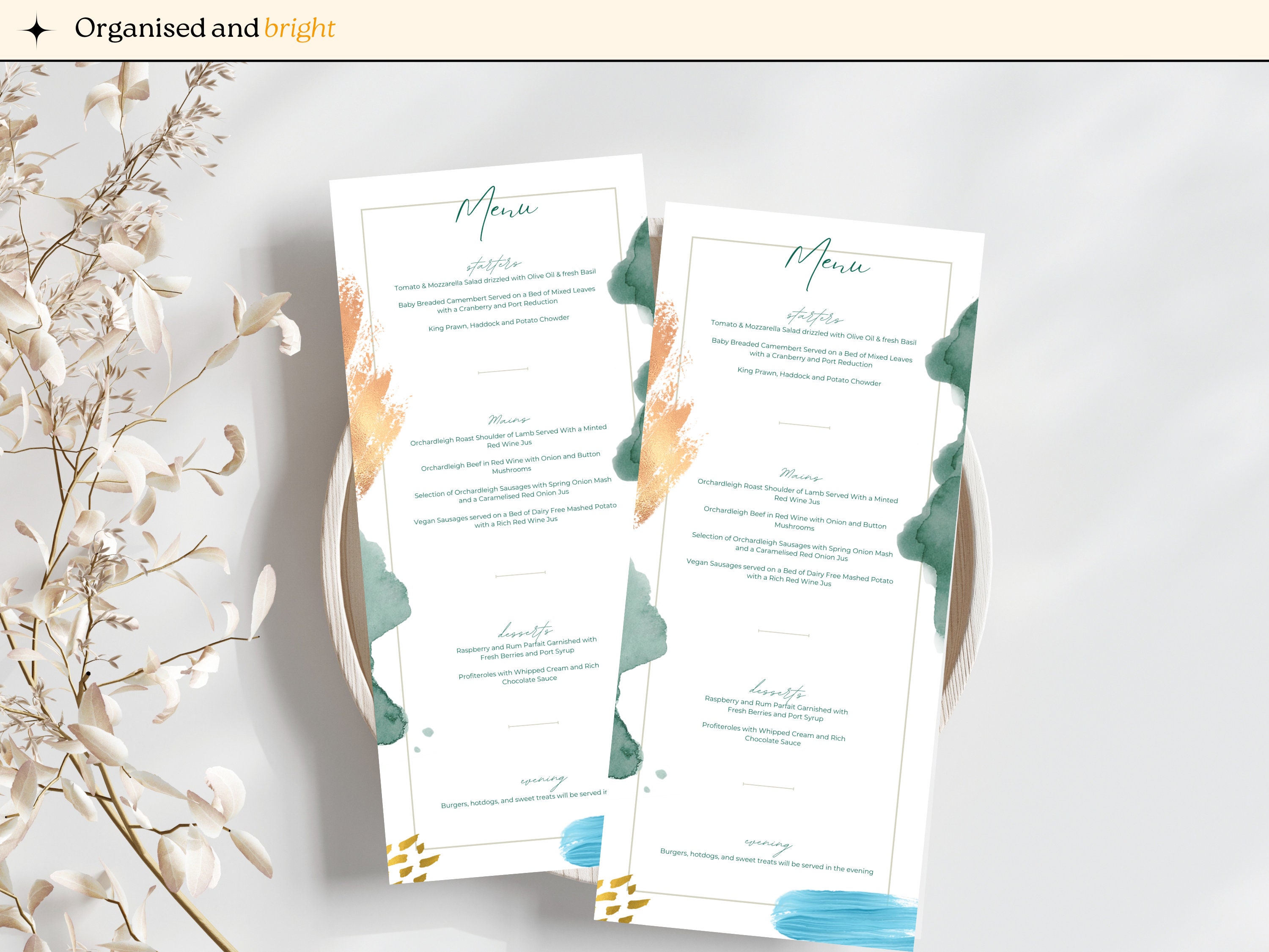 Watercolour Menu Template, Aqua Menu, Gold Menu, Garden Party Bridal ...